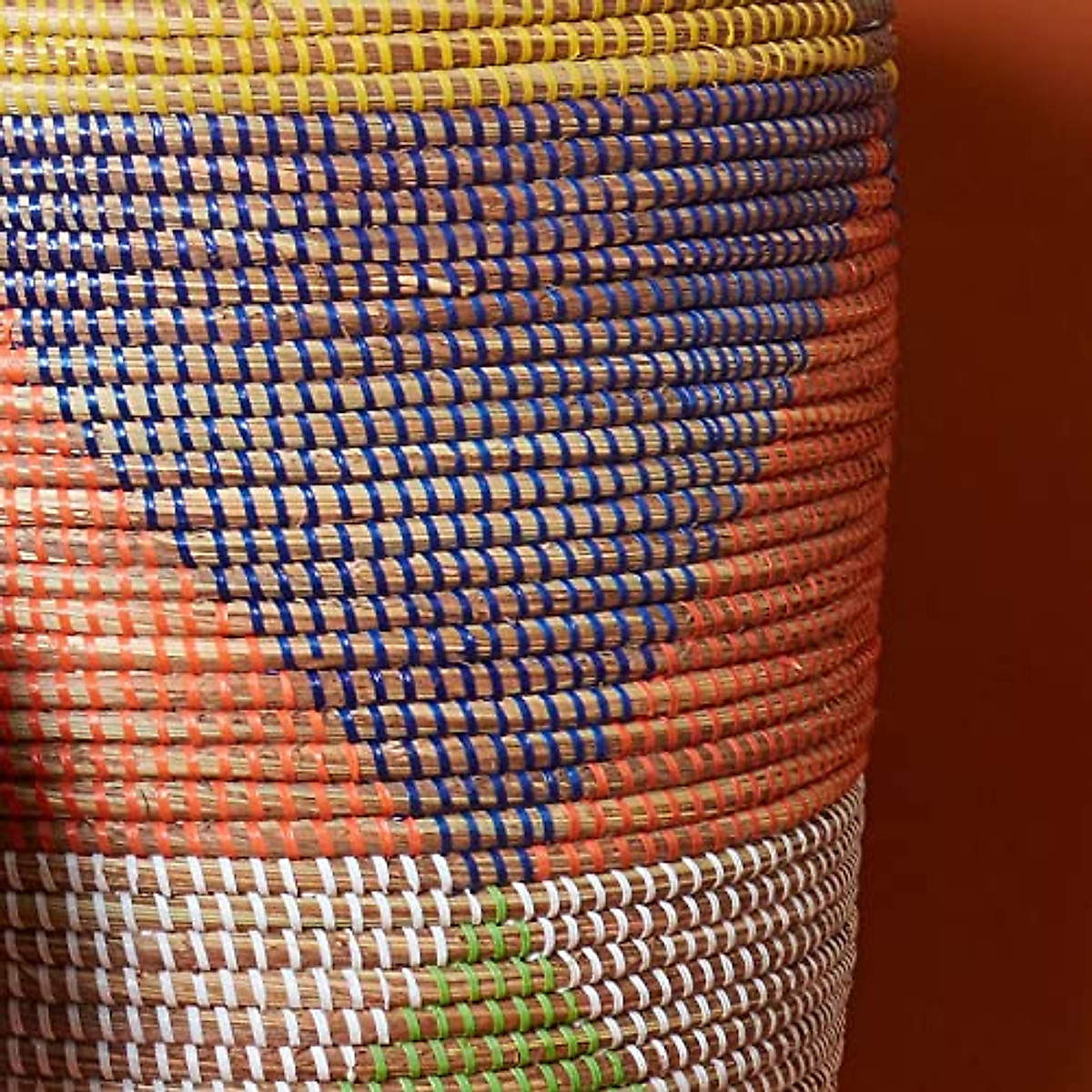 Senegal Extra Large Hand Woven Grass Colorful Triangle Basket with Hooded Lid