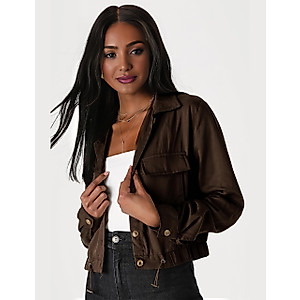 Vimyig Women's Lightweight Black Cropped Utility Jacket Military Safari Button Down Anorak Coat with Pockets(Brown-M)