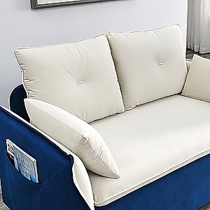 Verfur 3 in 1 Multi-Functional Futon Couch Pull Out Sleep, 2 Seater Convertible Loveseats Sofa with Adjustable Backrest,Comfy Upholstery Sofacama Sofabed, Blue White 57" Velvet w/ 4 Cushions