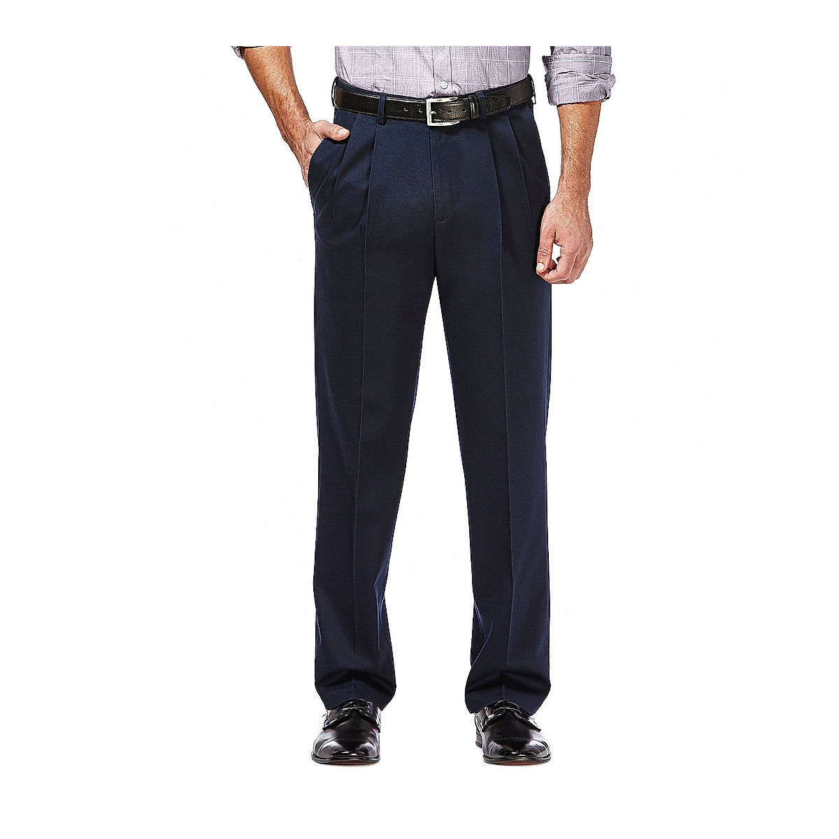 Haggar Men's Premium No Iron Khaki Classic Fit Pleat Front Casual Pant (Regular and Big & Tall Sizes), Dark Navy, 36W x 30L