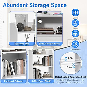 Aufvolr 6 Tier Bookshelf with Cabinet，Tall Night Stand with Charging Atation, Wood Book Shelf Storage Organizer, Modern Display Standing Shelf Unit for Bedroom, Living Room, Office (White)