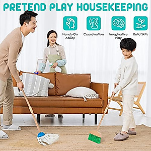 HELLOWOOD Kids Cleaning Set, 8pcs Housekeeping Play Set Includes Broom Mop Duster Dustpan Brushes Rag and Organizing Stand, Cleaning Toys Gift for Toddlers Girls Boys Age 3-6, Solid Beech Wood