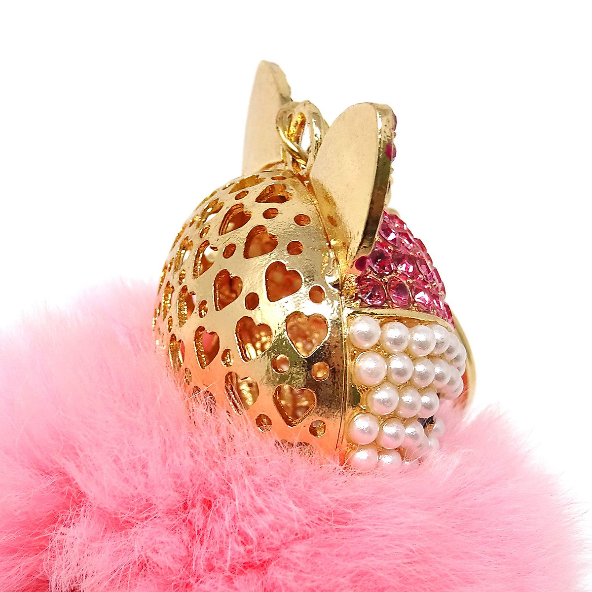 Honbay Faux Rabbit Fur Fluffy Keychain Fashion Fox Head Alloy Keychain Sparkly Rhinestone Handbag Backpack Car Keychain (Pink)