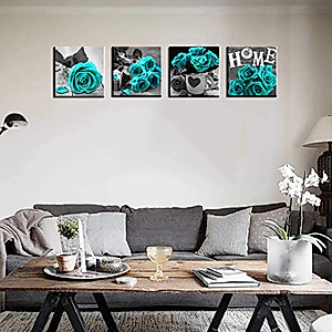 Byllyaz Teal Rose Wall Art Canvas Blue 4 Pieces for Living Room Decor Contemporary Turquoise Blossom Flowers Prints Pictures Artwork Kitchen Office Wall Decor Ready to Hang 16x16