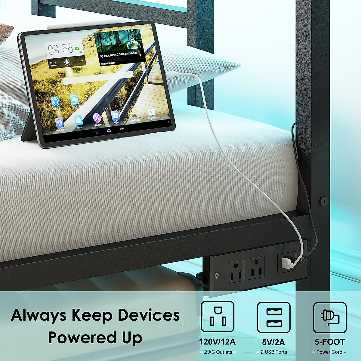 Fixwal Twin Bed Frame with Charging Station, Metal Bed Frame with Port and Outlet, Black