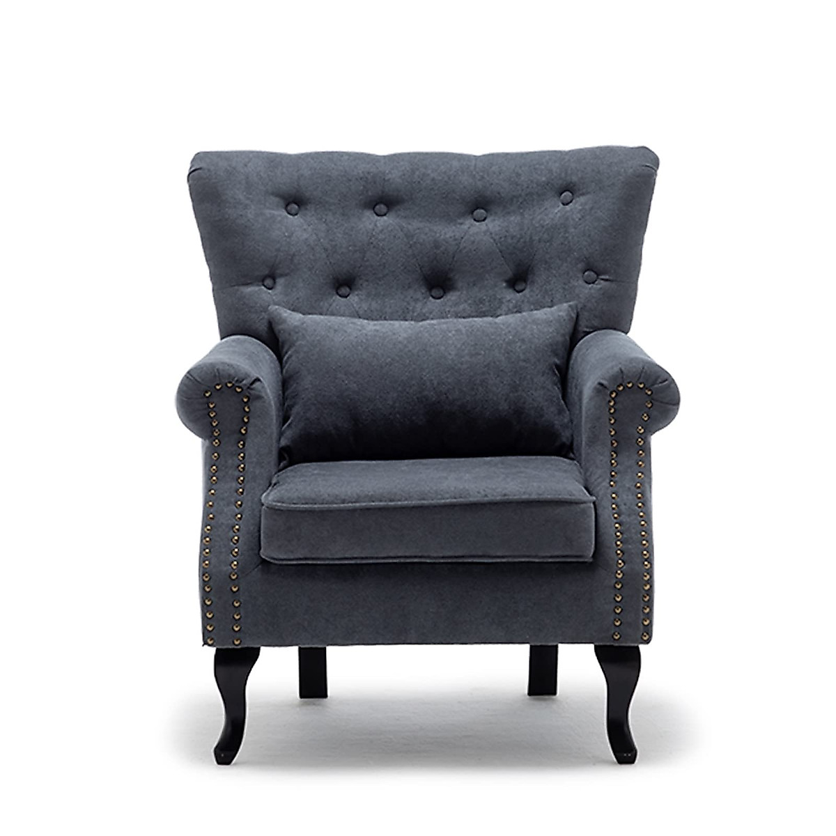 Accent Chairs, Mid Century Modern Armchair with Rivet Roll Arm, Brushed Linen Tufted Wingback Boho Chair for Living Room, Bedroom, Lounge, Vanity, Reading (Gray)