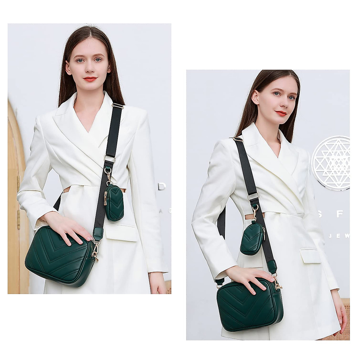 Herald Chevron Quilted Small Crossbody Bag with Coin Purse Pouch Women Square Snapshot Camera Side Shoulder 2 Size Handbag (Green)