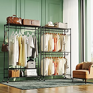 LEHOM G1 3 Tiers Garment Rack with Storage Shelves, Heavy Duty Rolling Free-Standing Clothing Rack Closet Organizer with Double Rods/Lockable Wheels & 2 Pairs Side Hooks, Max Load 450 LBS, Black