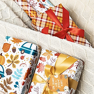LeZakaa Fall Wrapping Paper Roll - Mini Roll - Maple Leaf with Hello Autumn Chestnut and Car/Plaid Print for Gift Wrap, Craft - 17 x 120 inches - 3 Rolls (42.5 sq.ft.ttl.)