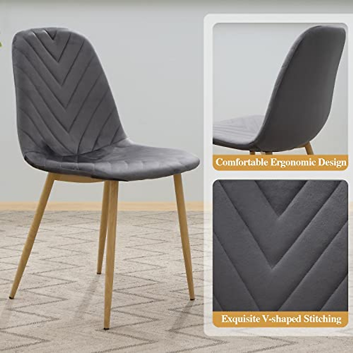 Nopurs Glass Dining Table Set for 4 - Modern Round Kitchen Dining Room Sets V-Shaped Upholstered Chairs with Metal Legs for Kitchen Dining Room Breakfast Nook, Dark Grey