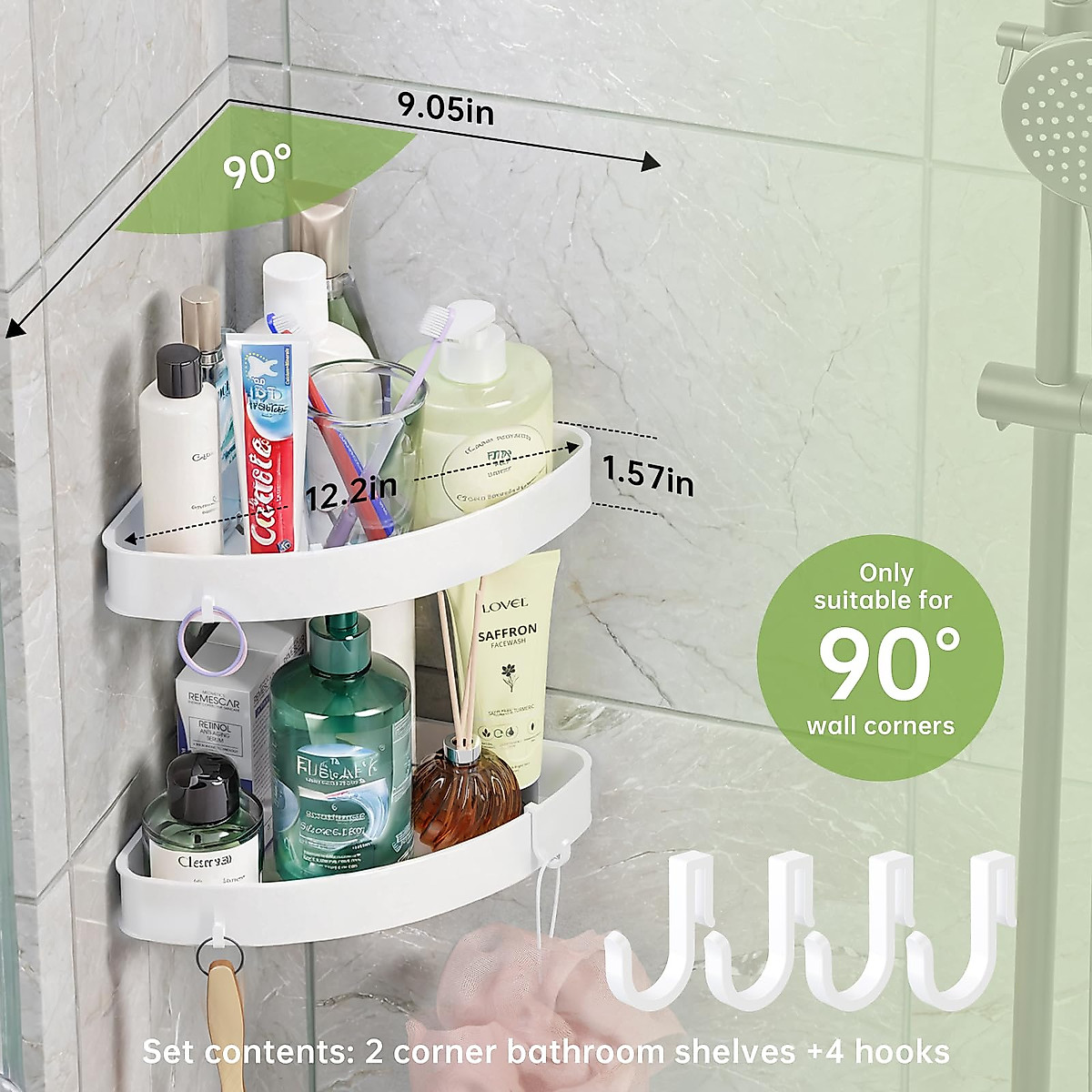 PAVSTINE 2 Pack Corner Shower Caddy, Adhesive Shower Organizers, Rustproof Plastic Shower Shelves with 4 Hooks, No Drilling Bathroom,Kitchen,Dorm Organizers and Storage Racks, Space-Saving, White
