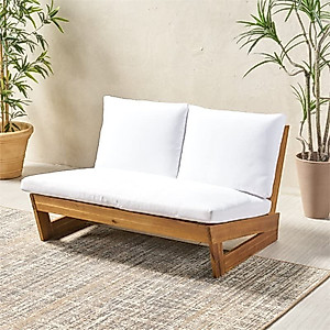 Great Deal Furniture Kaitlyn Outdoor Acacia Wood Loveseat with Cushions, Teak and White