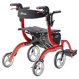 Drive Medical Nitro Dual Function Transport Wheelchair and Rollator Rolling Walker Combo with Hand Activated Brakes and Back Support, Red