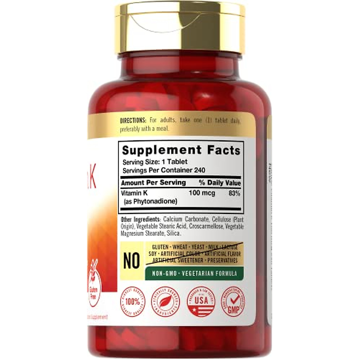 Carlyle Vitamin K 100 mcg | 240 Tablets | Vegetarian, Non-GMO, Gluten Free | Vitamin K Supplement