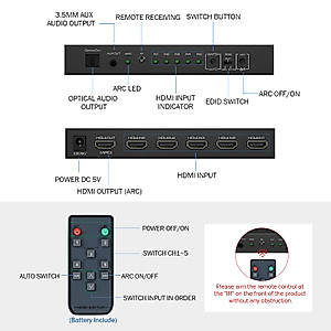 4K@60Hz HDMI Switch 5x1 with Audio Extractor, avedio links 5 Port HDMI Switcher with Optical SPDIF + 3.5mm Audio, 5 in 1 Out HDMI Audio Selector Switch Box with Remote Support HDR10 ARC 18Gbps HDCP2.2