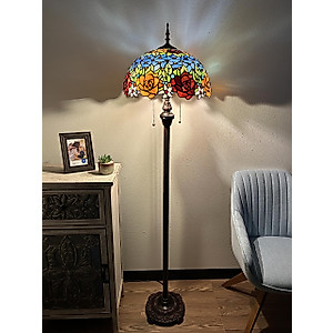 enjoy decor lamps Tiffany Floor Lamp Red Orange Blue Stained Glass Rose Flowers Included LED Bulbs for Living Room Bedroom Office Hotel H64*W16 in