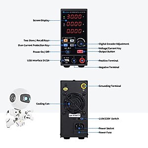 Programmable 30V/10A DC Power Supply Variable, Adjustable Switching Regulated Power Supply with 4-Digit Large Display Alligator Leads, 5V/2A USB Interface，2 Groups of Internal Memories.