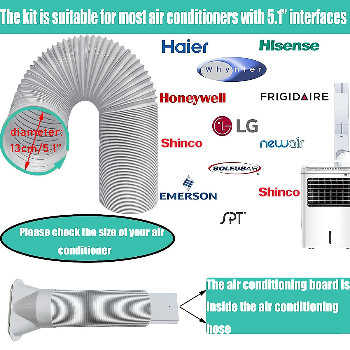 Nihoney Portable Air Conditioner Window Vent Kit with Exhaust Hose 5.1 Inch Diameter, Adjustable 59 Inch Length Exhaust Hose for AC Seal Plate with Universal for Sliding Window