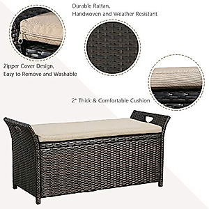 Patio Storage Bench for Outside Outdoor Furniture Wicker Deck Box with All-Weather Cushion, Beige