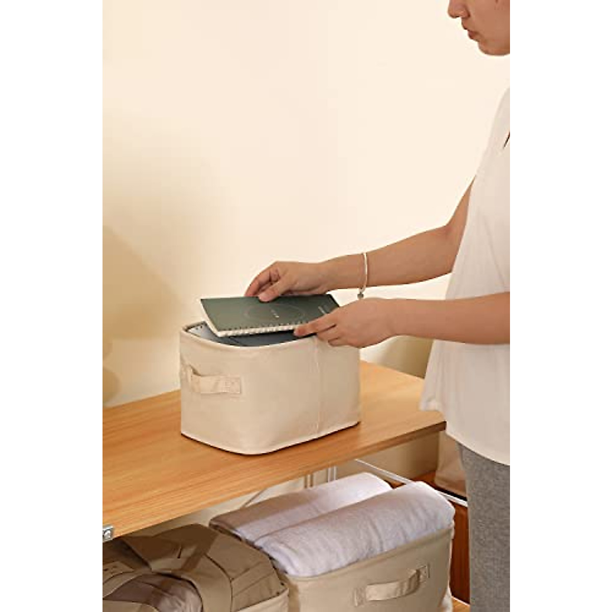 YONBEN Decorative Basket Rectangular Fabric Storage Bin Organizer Basket with Handles for Clothes Storage (14.5 x 10.2 x 6.2, Beige)