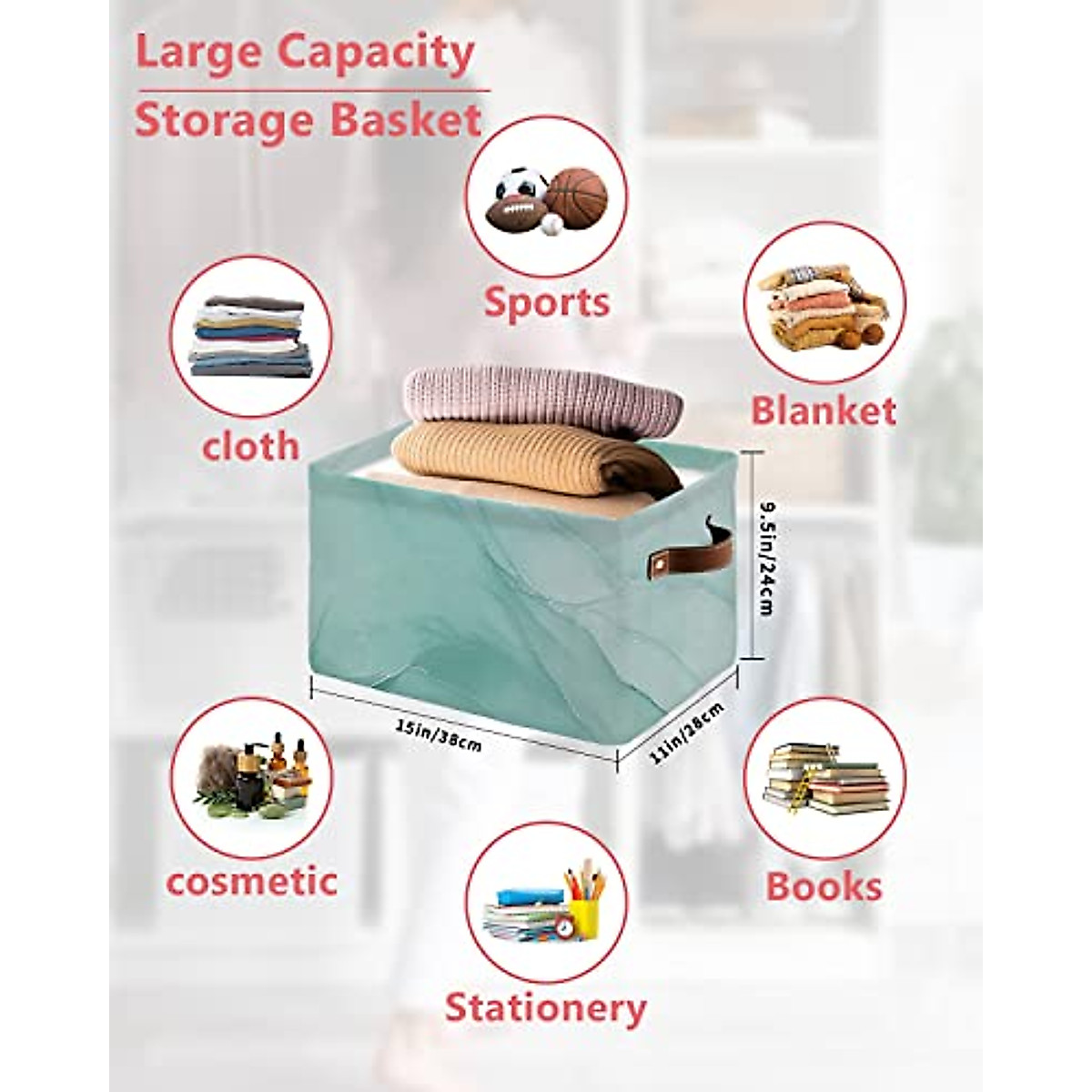 Large Storage Baskets Bins Green Marble Collapsible Storage Box Laundry Organizer for Closet Shelf Nursery Kids Bedroom Aqua Nature Stone Agate