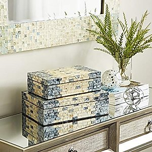 Deco 79 Mother of Pearl Handmade Box with Hinged Lid, Set of 2 14", 12"W, Blue