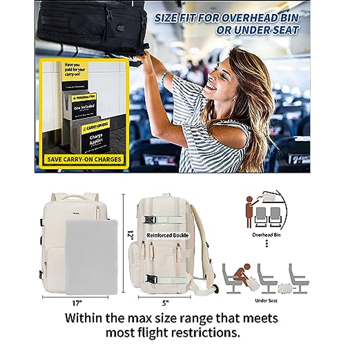 Telena Travel Backpack for Women Large Carry On Backpack Airline Approved Personal Item Backpack with USB Charging Port Waterproof Casual Bag, Beige