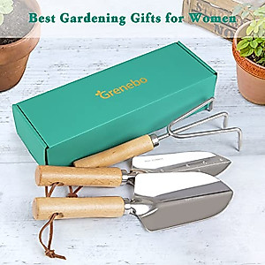 Grenebo Stainless Steel Garden Tools,3 Pieces Gardening Tools with Wood Handle,Rust-Proof Gardening Kit Garden Shovel Garden Rake Garden Trowel,Ideal Gardening Gifts for Women
