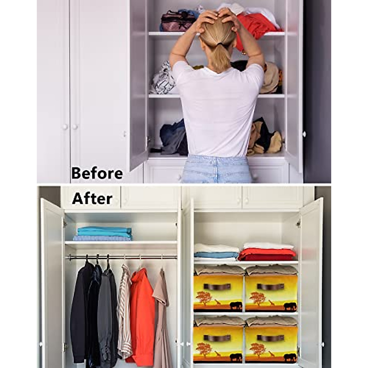 Storage Cubes Organizer with Handles, The Sunset Landscape of Elephant Giraffe Animal Storage Bins Fabric Collapsible Storage Baskets for Shelf Closet Nursery Cloth Organizers Box 2pcs-15x11x9.5in