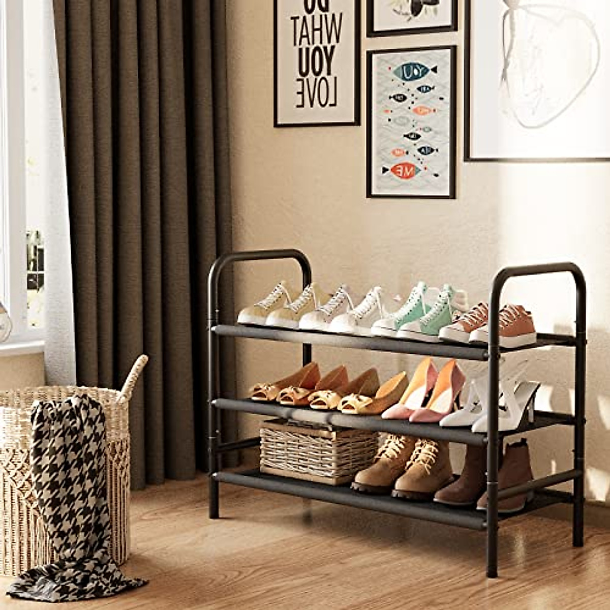 Huhote Shoe Rack 3 Tiers Freestanding Shoe Storage Shelf, Modern Shoe Organizer Multi-Purpose Use with Washable Polyester Fabric Storage Rack for Closet, Entryway, Hallway, Bedroom, Living Room