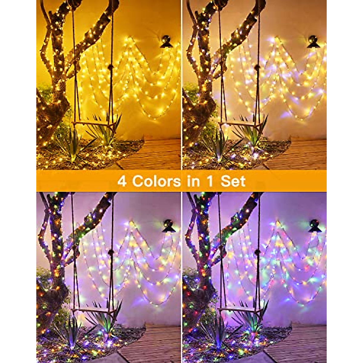 Ollny Solar String Lights Outdoor Waterproof Warm White & Multicolor 2 Pack Each 98Ft 300LED, 11 Modes Super Bright Fairy Lights, Outdoor Christmas Tree Lights for Outside Garden Patio Wedding Party