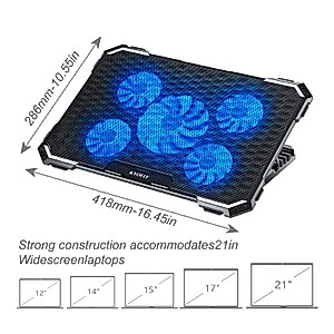 KYOLLY Upgrade Laptop Cooling Pad,Gaming Laptop Cooler with 5 Quiet Fans,2 USB Ports,5 Adjustable Stand Height,Blue LED Lights,for 15.6 Inch Laptops