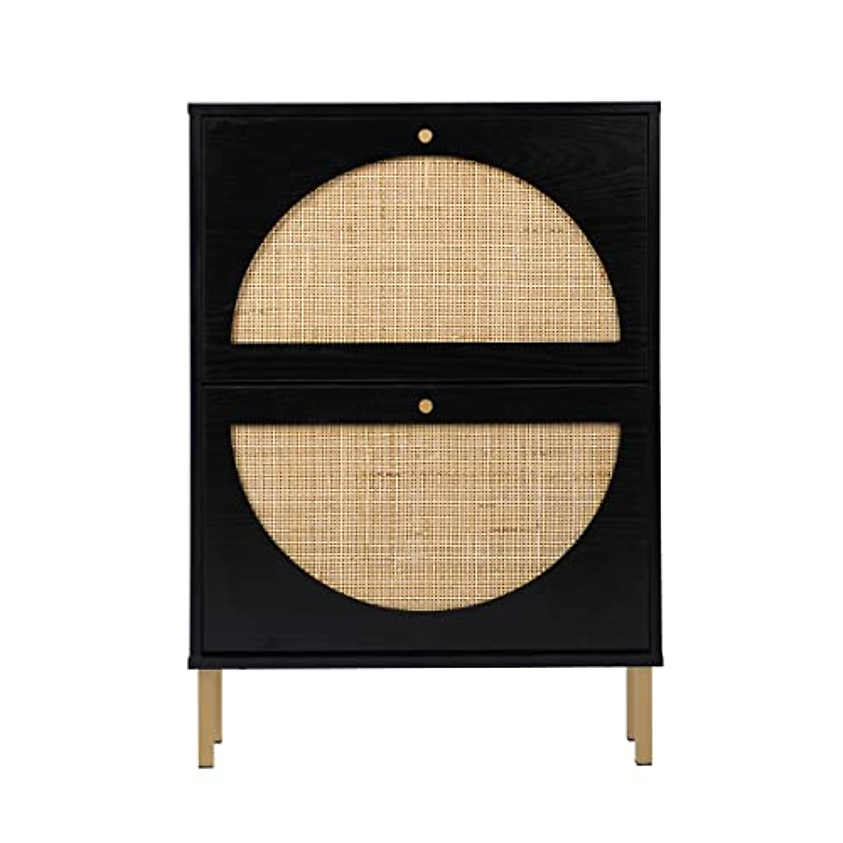 Black Rattan Shoe Storage Cabinet with 2 Flip Drawers for Entryway, Freestanding Shoe Rack Modern Slim Entryway Shoe Organizer with Half Round Woven Rattan Doors for Hallway