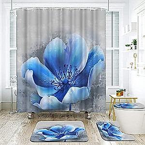 DuoBaorom 4 Pieces Set Blue Flower Shower Curtain Set Elegant Floral Picture Print on Non-Slip Rugs Toilet Lid Cover Bath Mat and Bathroom Curtain with 12 Hooks 72x72inch