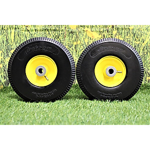 (Set of 2) 4.10/3.50-4 (10") Flat Free Tires and Wheels/Sawtooth tread, 4-1/4" Hub with 3/4" bore. Compatible with Toro 105-3471, Time Cutter Z, and John Deere