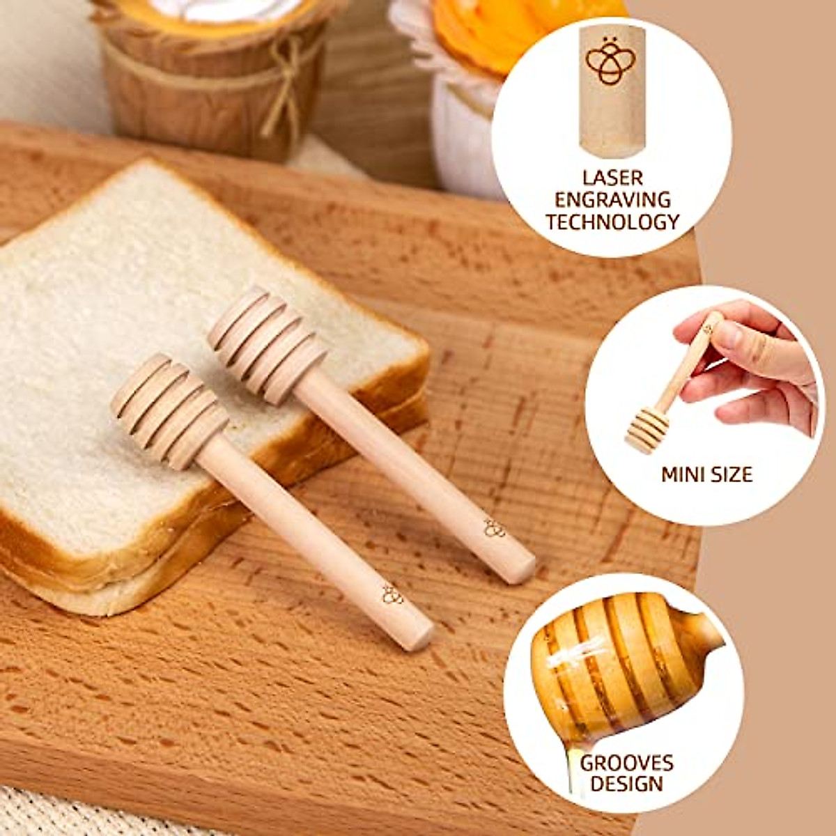 HANSGO Mini Honeycomb Stick, 55 PCS Wooden Honey Dipper Honey Wand Bee Pattern Stirrers for Honey Syrup Jam Viscous Liquid Wedding Party Favors, 3.2 Inches