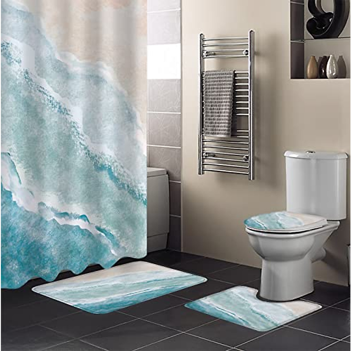 PakiInno Shower Curtain Sets 4 Piece Bathroom Decor Sets with Rugs, Ocean Beach Dreamy Gradient Minimalist Abstract Art Illustration Waterproof Shower Curtain Non-Slip Rug with Hooks for Tub-