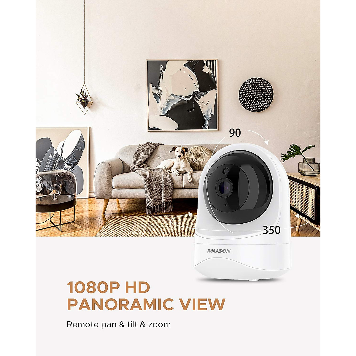 muson WiFi Home Camera for Baby/Pet/Nanny 1080P HD Indoor Wireless Surveillance Camera with Motion Detection, Night Vision, Two-Way Audio, Compatible with Alexa, Compatible with Smartphones, White