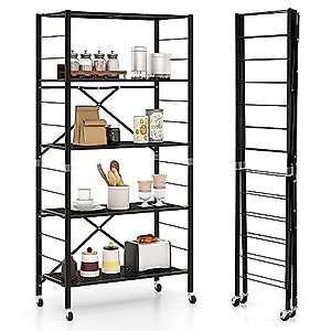 Giantex 5-Tier Folding Bookshelf with Wheels Black, 60" Tall Foldable Metal Shelves for Storage, Freestanding Open Shelving Storage, Easy Assembly Bookcase Display Shelving Rack