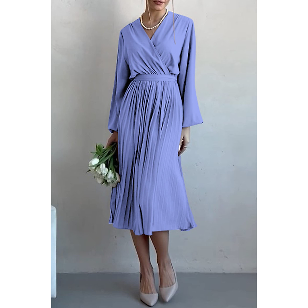 PRETTYGARDEN Women's Spring Midi Dress Long Puff Sleeve Wrap V Neck Flowy Ruffle Pleated Casual Fall Dresses (Blue,Large)