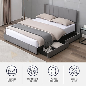 Platform Full Size Bed Frame with 4 Storage Drawers,Upholstered Full Bed Frame with Velvet Tufted Headboard Adjustable,Solid Wooden Slat Support,No Box Spring Needed,Dark Grey