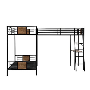MOEO L-Shaped Twin Over Twin Metal Bunk Bed with Twin Size Loft Bedframe w/Desk and Shelf for 3 Kids, Adults, Bedroom, Bunkbed Attached, No Box Spring Need, Black