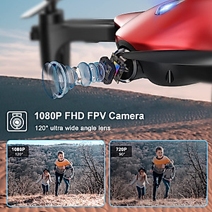 Drone for Kids, Spacekey FPV Wi-Fi Drone with Camera 1080P FHD, Real-time Video Feed, Great Drone for Beginners, Quadcopter Drone with Altitude Hold, One-Key Take-Off, Landing Foldable Arms (Red)