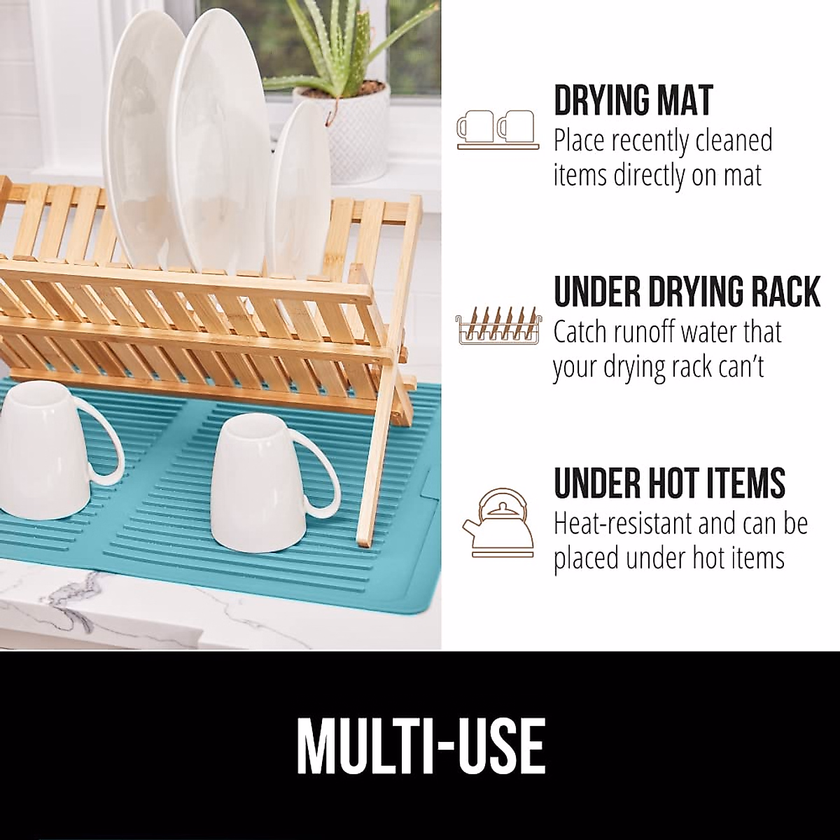 Gorilla Grip Manual Can Opener and Silicone Dish Drying Mat, Can Opener Includes Built-In Bottle Opener, Dish Drying Mat is 13x11 Inch, Both in Turquoise Color, 2 Item Bundle