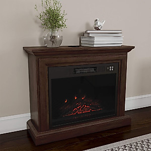 Mobile Electric Fireplace with Mantel - Portable Heater on Wheels, Remote, LED Flames, Faux Logs, Adjustable Heat & Light by Lavish Home (Brown)