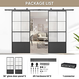 JUBEST Double Barn Door 72 x 84 in with 12FT Hardware Kit and Soft Close Mechanism, 2 Sets of 36x84 in Paneled Frosted Glass Carbon Steel Frame Barn Door,Pocket Interior Door, Easy Assembly