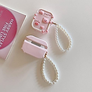 QIXIU for AirPods Pro Case Cover with Pearl Bracelet,Full Protective Silicone Skin Accessories for Women Girl,Kawaii Cute Piglet Wireless Charging Headset Accessories,Pink