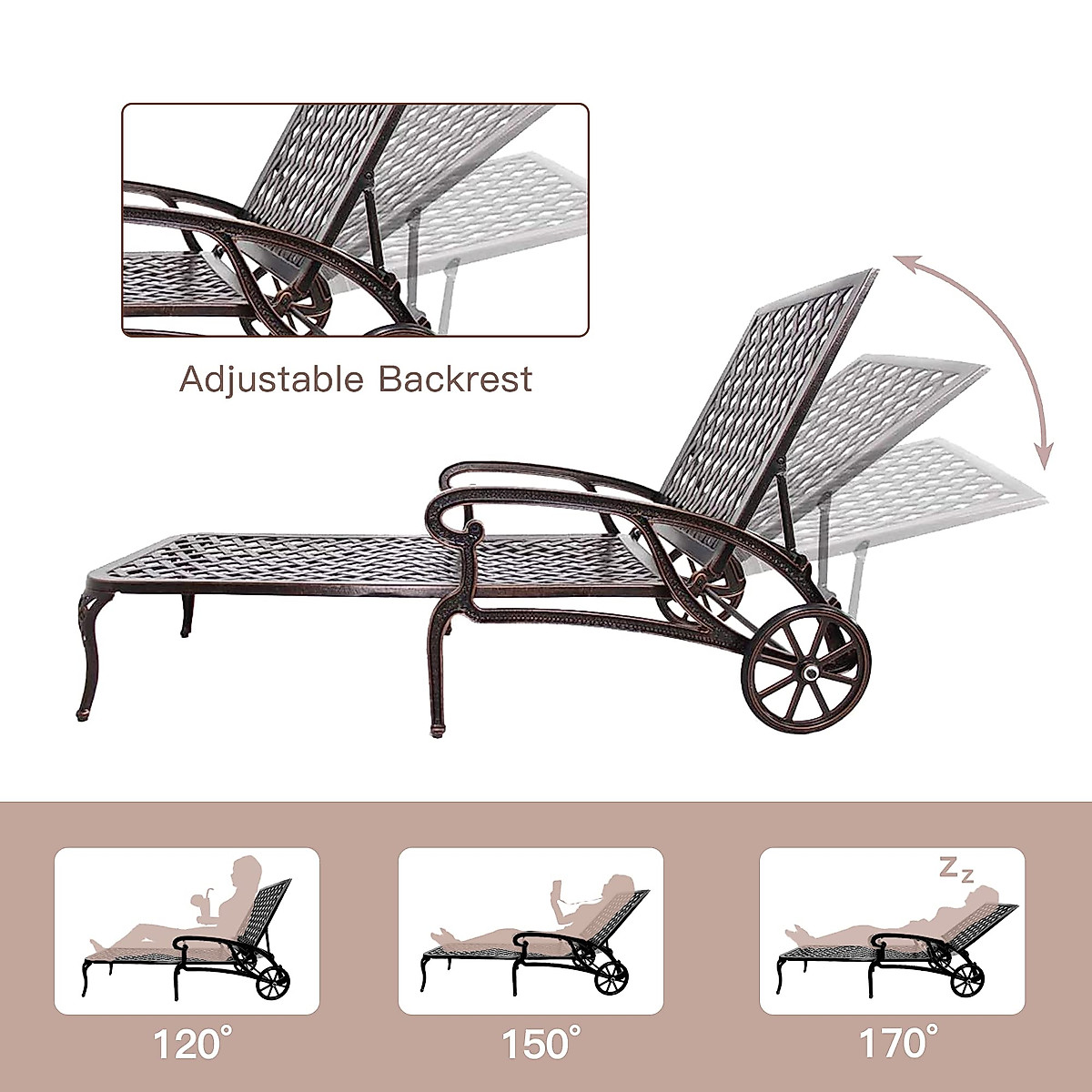 Villeston Chaise Lounges for Outside - Lounge Chairs Outdoor Set of 3 Pool Tanning Chair Adjustable Patio Recliner with End Table Cast Aluminum for Beach Yard, Antique Bronze