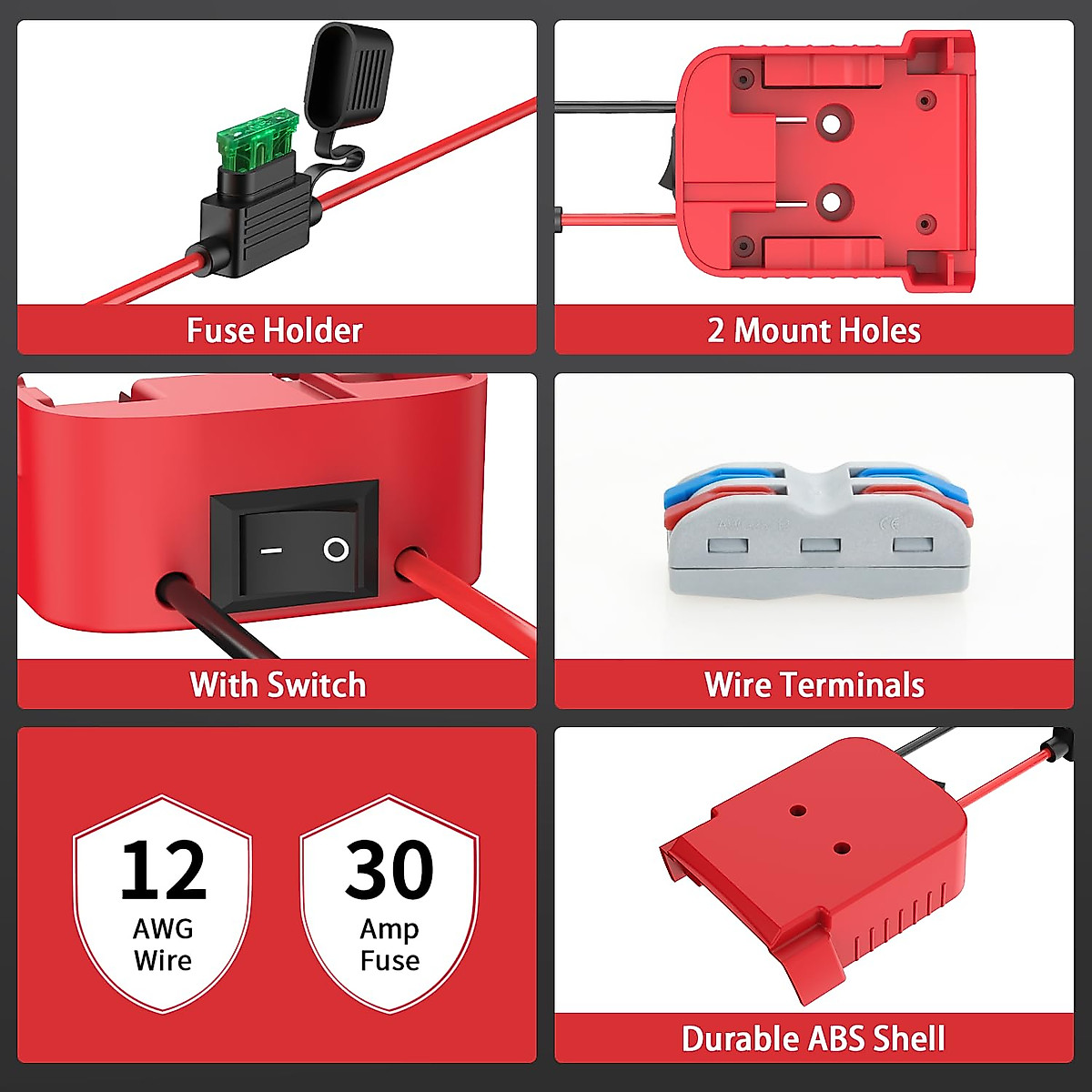 Kzreect Power Wheels Adapter for Milwaukee M18 Battery Adapter, 18V Power Wheels Battery Converter Kit with Fuses Holder and Switch, Wire Terminals, 12AWG Wire for DIY (1-Pack)