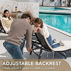 Devoko Patio Chaise Lounge Sets Outdoor Rattan Adjustable Back 3 Pieces Cushioned Patio Folding Chaise Lounge with Folding Table (Beige)